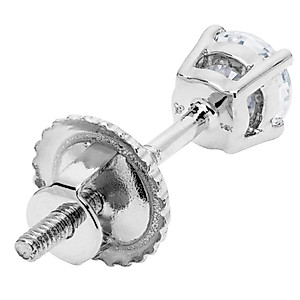 Everyday Elegance 14K Solid White Gold SINGLE Stud Earring Round or Princess Cut Cubic Zirconia Screw Back Post With Gift Box (Round .25 Carat)