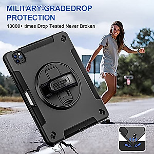 GEEKSDOM iPad Pro 12.9 Case: Military Grade Heavy Duty Shockproof iPad Pro 12.9 case 6th Generation 2022/5th Gen 2021-Pencil Holder-Hand/Shoulder Strap-Rotating Stand-Black