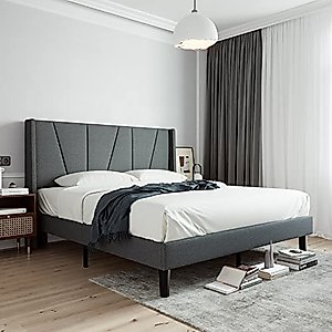 SHA CERLIN Queen Bed Frame, Upholstered Platform Bed with Geometric Headboard and Wingback, Wood Slat Support, No Box Spring Needed, Grey