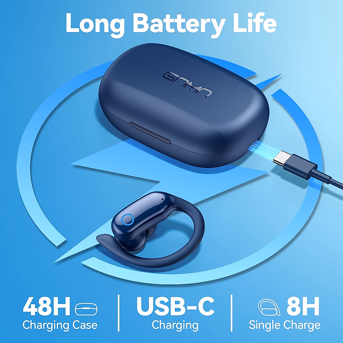 GNMN Bluetooth Headphones Wireless Earbuds 80hrs Playback IPX7 Waterproof Ear Buds Over-Ear Stereo Bass Earphones with Earhooks Microphone LED Battery Display for Sports/Workout/Gym/Running Blue