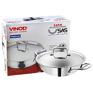 Vinod Cookware Food Grade 3.7 Litre Induction Friendly Platinum (TRI PLY) 18/8 Stainless Steel Kadai with Stainless Steel Lid (28cm, 3.7 Litre)