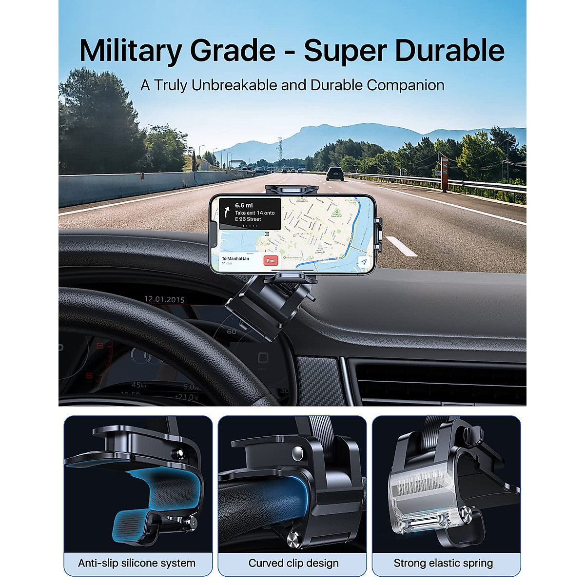 andobil Universal Car Phone Clip Holder [Military Sturdy, Firmly Grip & Never Slip] Ultra Stable Dashboard Cell Phone Mount for Car Dash Fits All iPhone 15 14 13 12 Pro Max Android Samsung GPS Devices