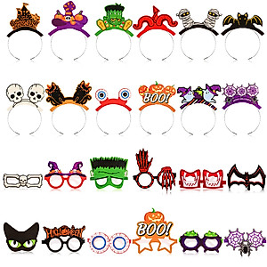 MotiMind 24 Pcs Halloween Glasses and Halloween Headbands Set Adult Halloween Funny Glasses Pumpkin Spider Bat Witch Ghost Paper Party Eyeglasses for Decoration Party Favor Accessories Supplies