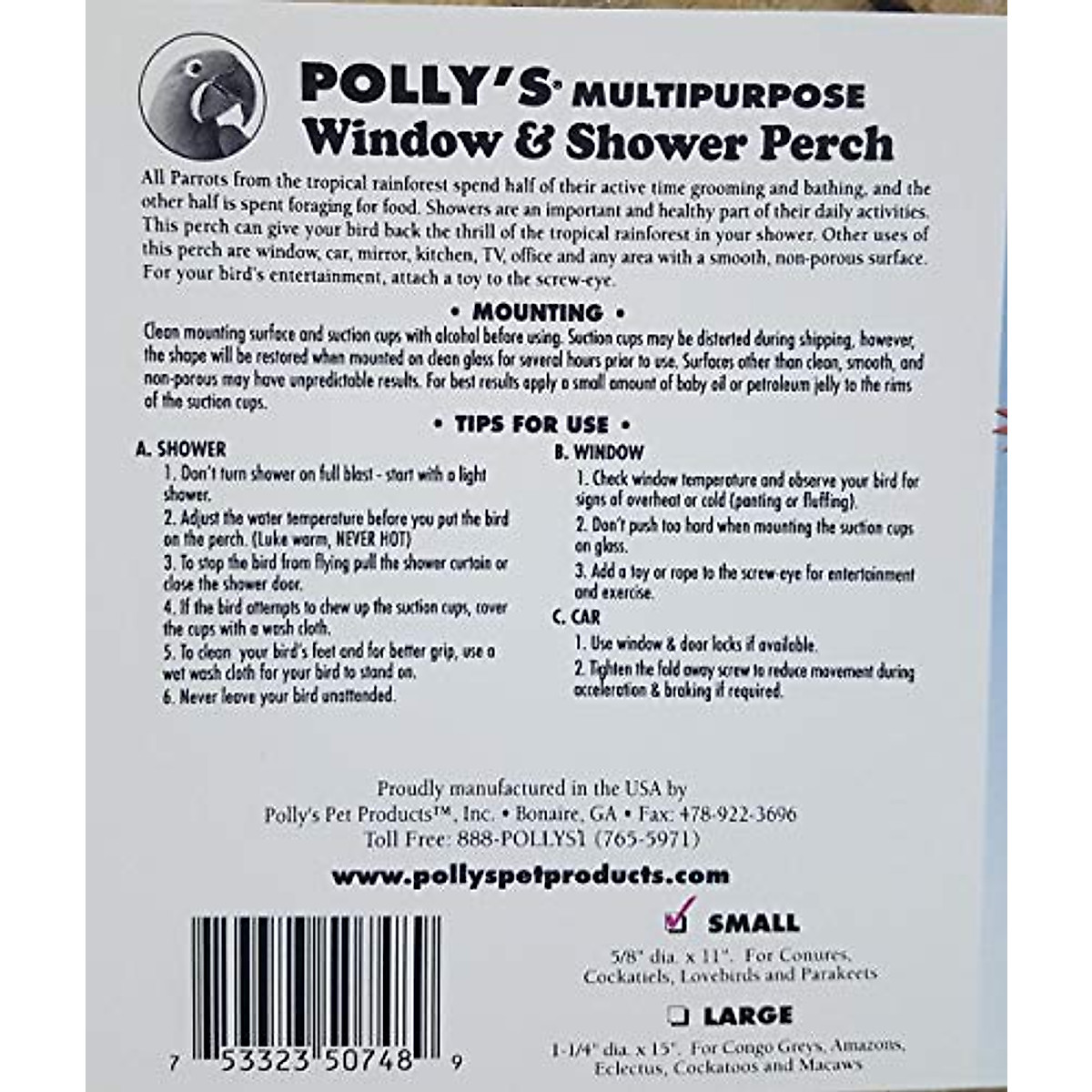 Polly's Sandy Window and Shower Bird Perch, Small