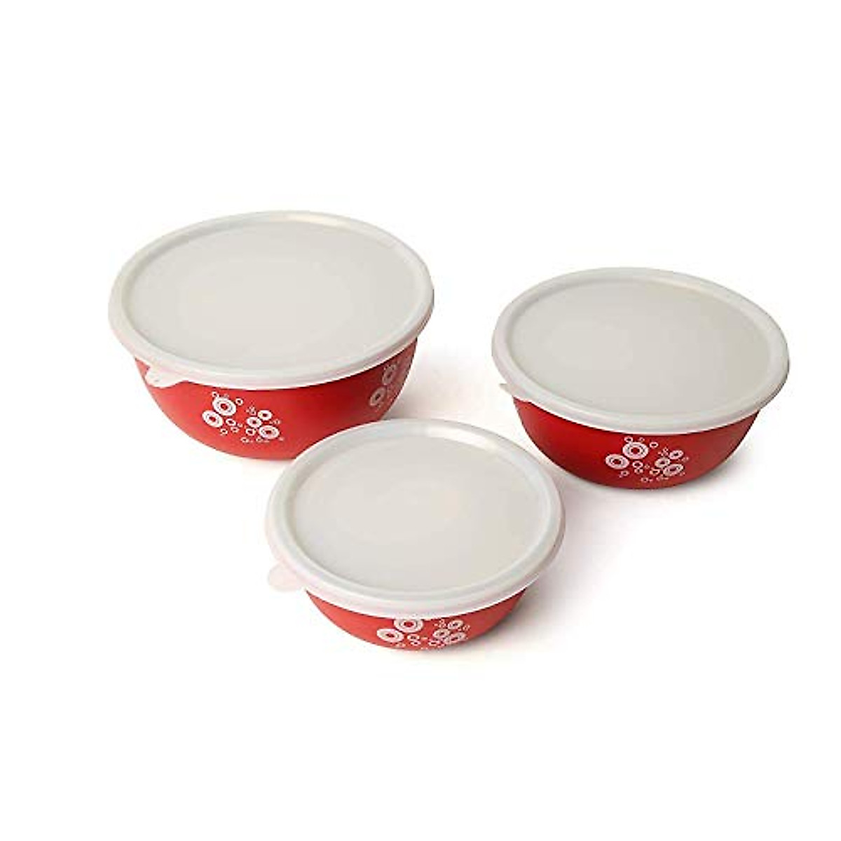King International Microwave Safe Stainless Steel Red Designer Round Airtight Lid Food Storage Containers Set of 4,Stackable Mixing Bowl with Lid, Tiffin, Lunch Box