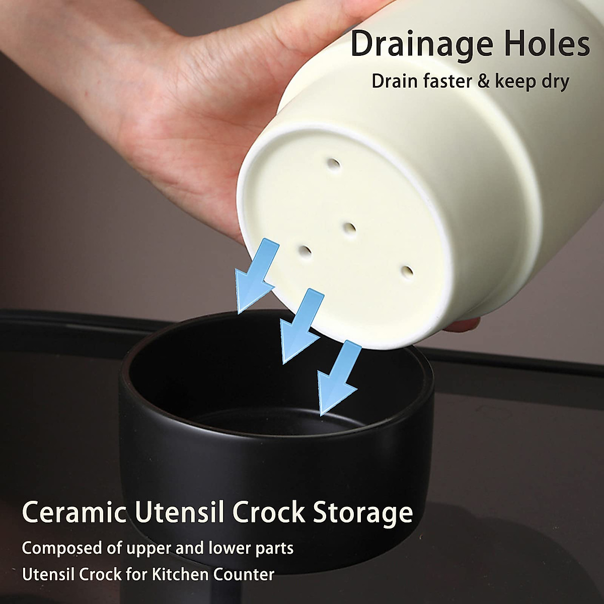 SHIIANN Ceramic Kitchen Utensil Holder, Utensil Crock for Counter, Cooking Utensil Holder, Utensil Organizer with Detachable Base for Countertop, Utensil Caddy for Kitchen Accessories Farmhouse Home