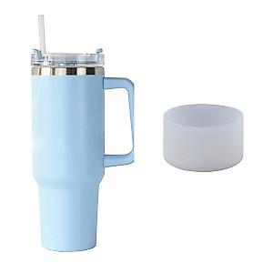 40 oz stainless steel insulated cup with lid and straw, insulated travel cup with handle, dual wall insulated coffee cup, reusable stainless steel water bottle travel cup. (Light Blue)