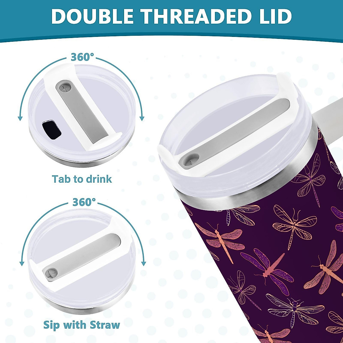 Emelivor Dark Purple Dragonflies 40 oz Tumbler with Lid and Straw Insulated Tumblers with Handle Leak Proof Coffee Tumbler Mug Large Water Bottles for Hot or Ice Coffee Tea