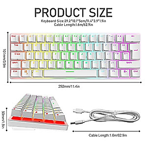 Compact 60% Mechanical Gaming Keyboard with Ergonomic Anti-ghosting Mini 61 Key Layout Rainbow RGB Backlight Waterproof Metal Plate Type-C USB Wired for PC Mac Gamer Office Typist (White/Blue Switch)