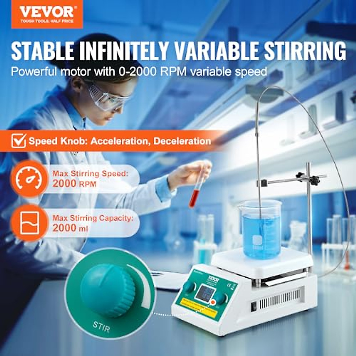 VEVOR Magnetic Stirrer Hot Plate, 500W Heating Power 2000ml Lab Stirrer 572°F/300°C 200-2000 RPM Digital Magnetic Stirrer with 7" Ceramic Coated Heating Plate Magnetic Mixing