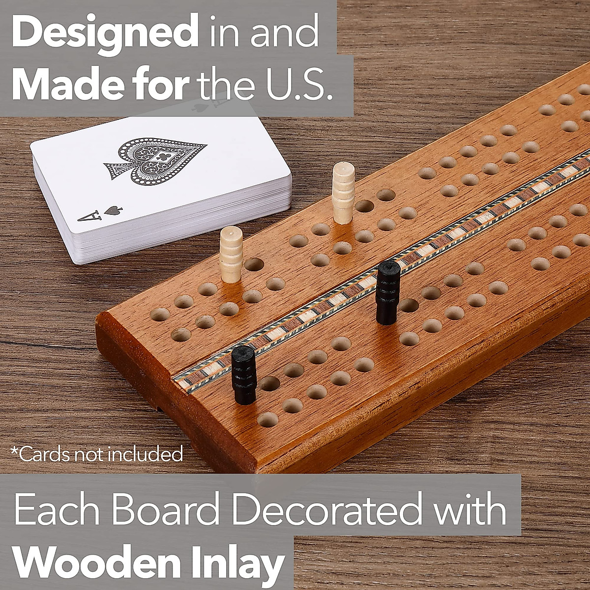 Sterling Games Extra Large Extra Long Cribbage 16" Wooden Game Board 2 Persons Double Track Board with 1/4" Holes and Italian Inlaid, Large Wooden Pegs Great for Seniors and Children