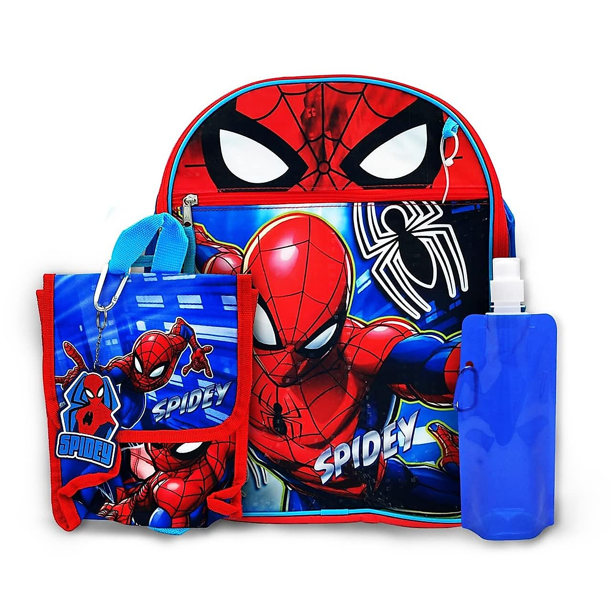 Spiderman Backpack with Lunch Bag 2-Key Chains Water Bottle - 5 Piece Kids School Backpack Set - Boys Girls Shoulder Book Bag Printed Marvel Superhero Spiderman