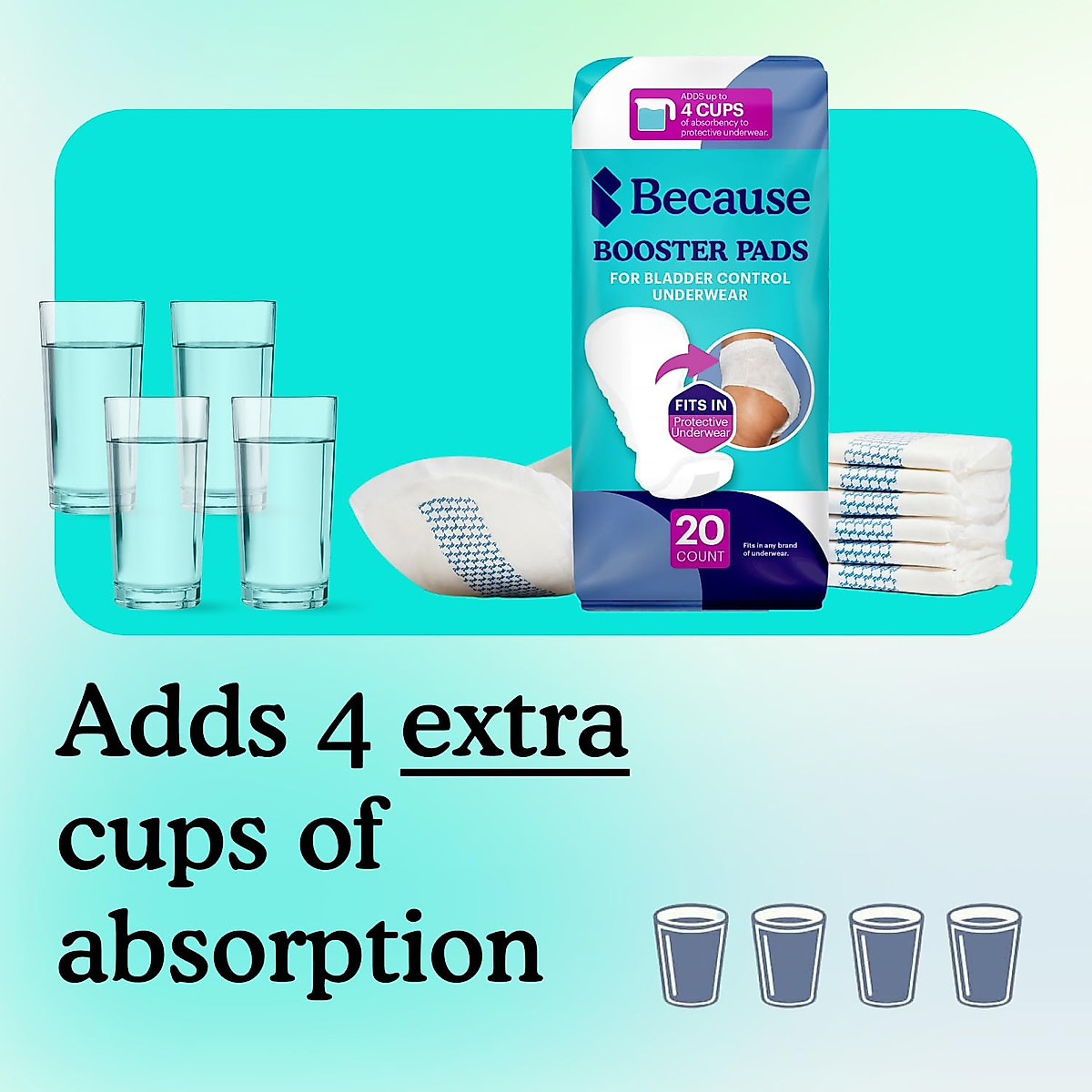 Because Premium Incontinence Booster Pads for Men and Women, Adds Extra Absorbency to Adult Diapers, Super Soft, Adhesive Strip Backing, Unisex, 20 Count