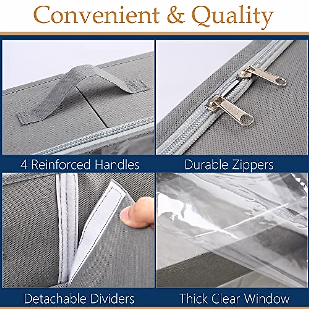 LotFancy Under Bed Storage Containers, Detachable Dividers, 2 Pack, Closet Underbed Clothes Blanket Organizer, 39.3x16.5x6 in, with 4 Handles and Large Clear Window, Sturdy, Large, Gray