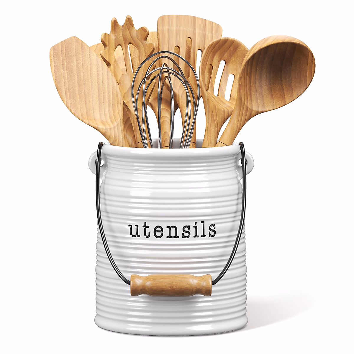 Barnyard Designs Ceramic Farmhouse Kitchen Utensil Holder for Countertop, Decorative Kitchen Utensil Holder, Large Kitchen Utensil Holder for Kitchen Counter, Utensil Crock Spatula Holder, 6" White