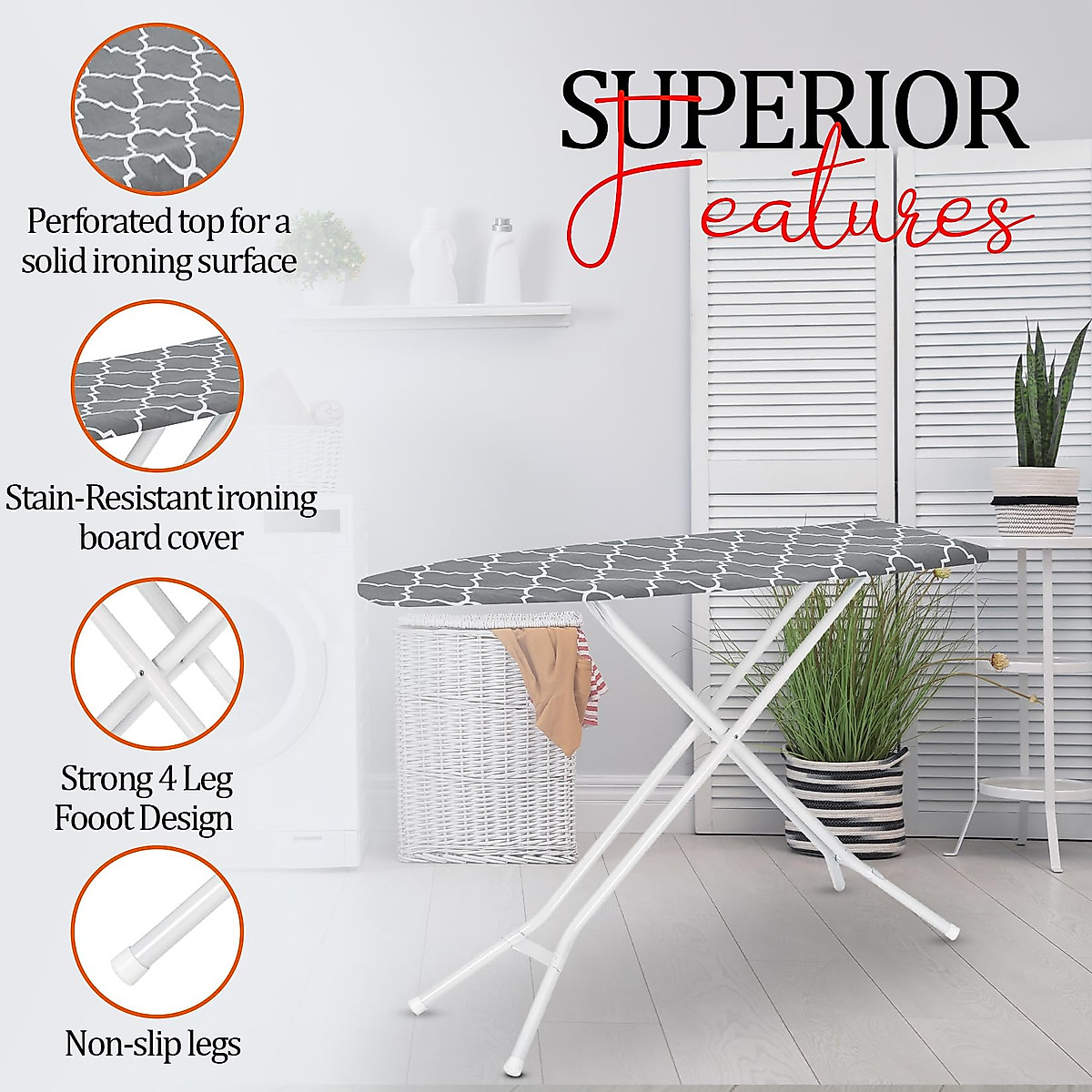 Tidy Zebra Compact Ironing Board Full Size MADE IN THE USA – 4 LEG Extra Durable & Sturdy Ironing Boards with Thick Iron Board Cover – Foldable Ironing Board for Easy Storage Height Adjustable (13x53)