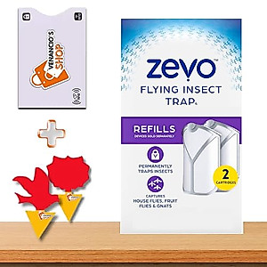 ZEVO Refills 02 Cartridges | Device Sold Separately, White, ZEVO Flying Insect Trap Refill Fly Trap Refill Cartridges + (1) Card Protector Venancio’sSticker & Sticky Fruit Trap