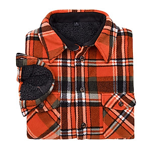 Lisskolo Men's All Sherpa Fleece Lined Plaid Thermal Flannel Shirt Jacket with Pockets Orange L