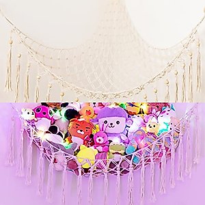 Vorey Stuffed Animal Storage Macrame Stuffed Animal Net or Hammock Toy Hammock Stuffed Animal Holder Hanging Stuffed Animal Organizer Plushie Net for Stuffed Animals Corner, Beige