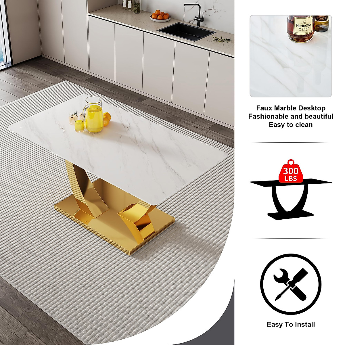 HAIZAO 63 inch Glass Dining Table for 4-6, Rectangular Glass Dining Table with White Marble Grain Tempered Glass Tabletop, Glass Kitchen Table with U-Shaped Metal Bracket for Dining Room Kitchen