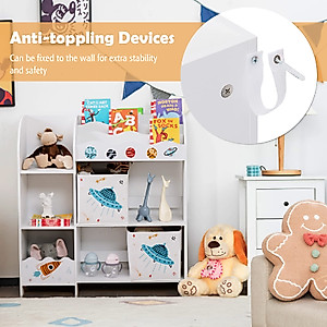 Costzon Toy and Book Organizer for Kids, Wooden Storage Display Cabinet Bookshelf w/5 Open Shelves, 2 Storage Boxes and 3 Slots, Kids Storage Unit for Playroom, Classroom, Living Room (UFO)