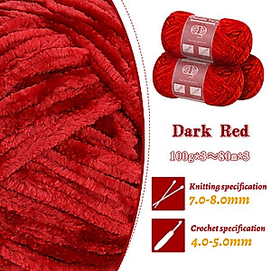 LUNARM Chenille Yarn for Crocheting Knitting, 3 Skein 263 Yard Thick Soft Chunky Fluffy Weaving Plush Yarn for Blankets Clothes Pattern Creations with Big Eye Needles (Dark Red)