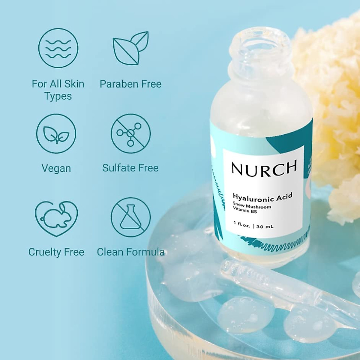NURCH Pure Hyaluronic Acid Serum for Face + Snow Mushroom + Vitamin B5 | Natural & Lightweight | Vegan, Clean, & Fragrance Free | Moisturizer Hydrates Dry Skin & Reduces Appearance of Fine Lines, 1 Oz
