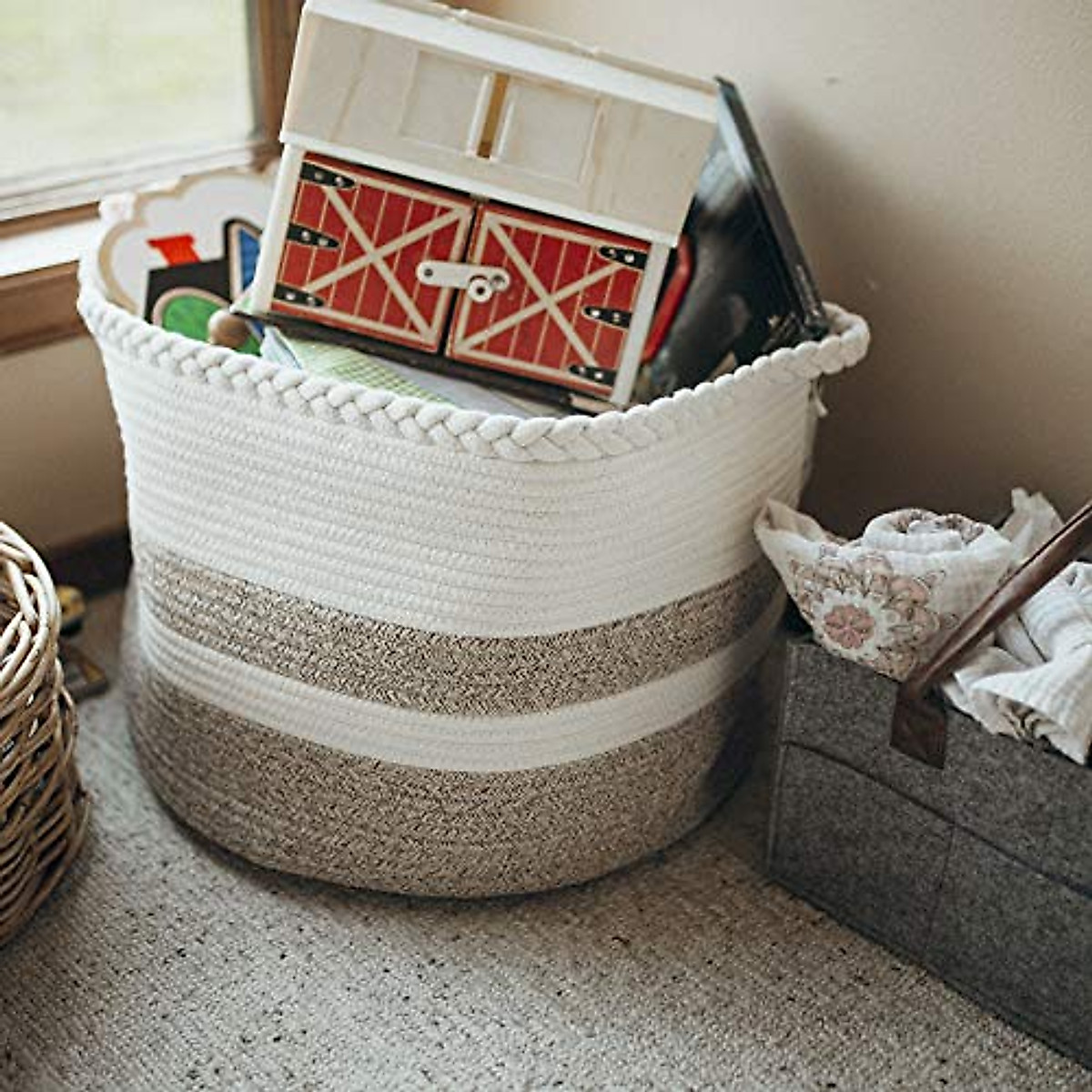 Cotton Rope Basket for Living Room Blanket Storage - Kids Playroom Storage Organizer - Woven Nursery Laundry Basket for Clothes, Bathroom Towels, Toys - Home Decorations Bins - Extra Large 20"D x 13"H