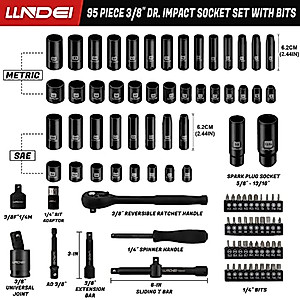 LLNDEI 3/8”Drive Impact Socket Set,Standard SAE(5/16 to 3/4-Inch) Metric Size(8-22mm), 95 Piece, CR-V Steel Deep&Shallow Kit, Adapters, Ratchet Handle, Screwdriver Bit Set, Spark Plug Socket, 6 Point