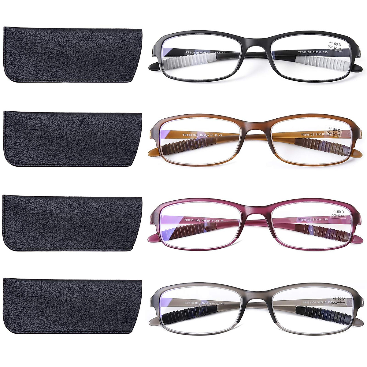 DOOViC 4 Pack Computer Reading Glasses Blue Light Blocking Anti Eyestrain Flexible Lightweight Readers for Women Men 1.75 Strength