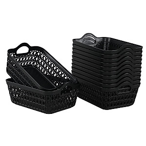 Melontray Set of 12 Small Plastic Storage Basket Tray, Plastic Weave Storage Baskets, Black
