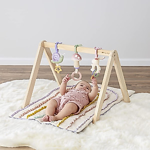 Itzy Ritzy Activity Gym – Premium Wooden Baby Gym Includes Quilted Play Mat and 3 Removable Toys; Pastel Rainbow