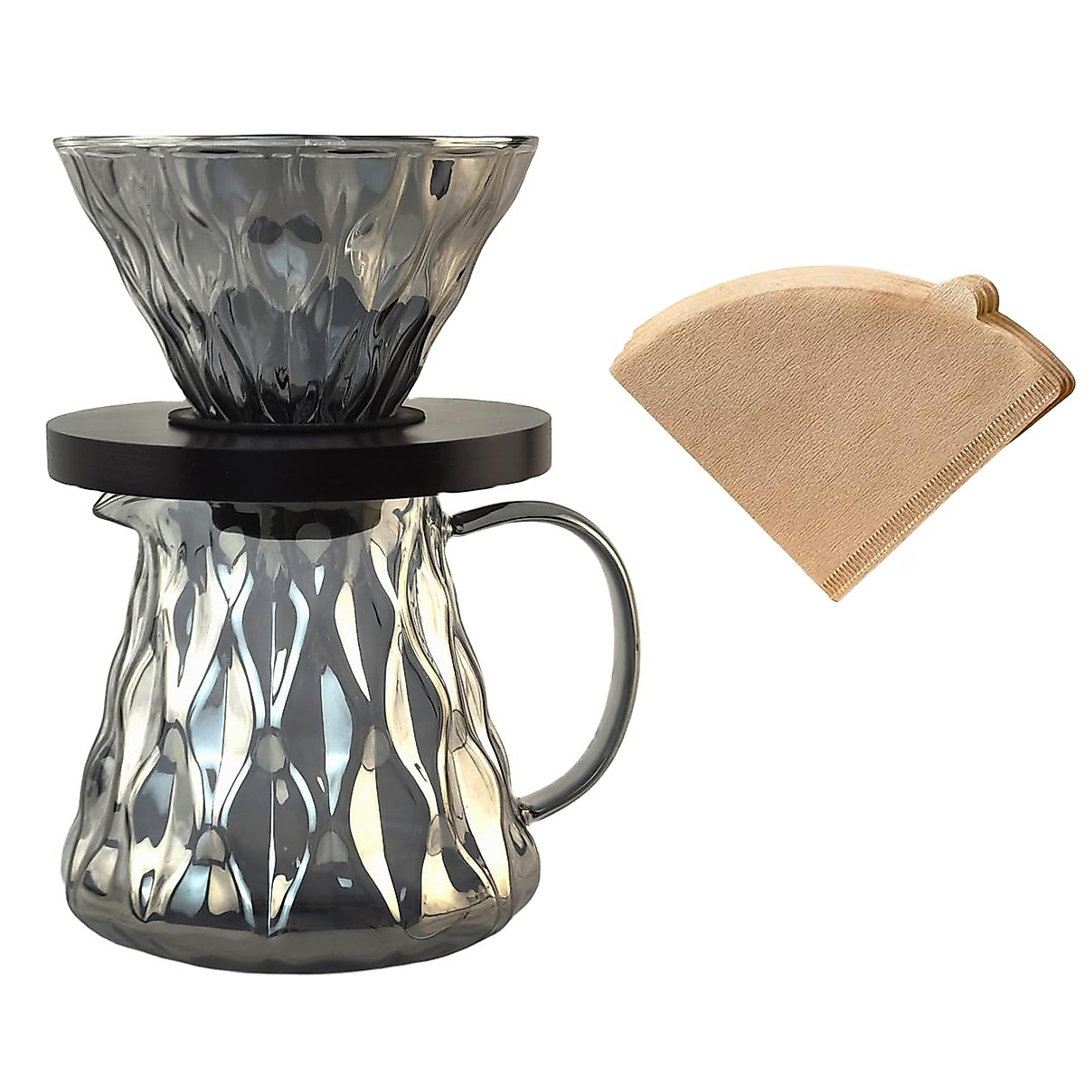 HYAXGM Pour Over Coffee Maker, 20oz/600ML Glass Carafe with Glass Coffee V60 Paper Filter 100 Sheets，Glass Pour Over Coffee Dripper With Wooden Base Stand，Drip Coffee Maker Set for Home or Office