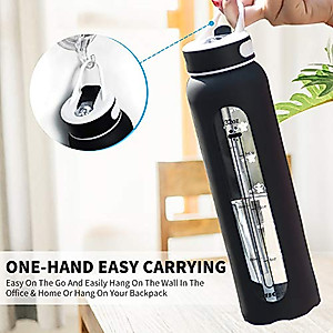 32 Oz Glass Water Bottle with Straw & Silicone Sleeve 100% BPA Free Borosilicate Glass Water Bottle, 1L Wide Mouth Leakproof Lids Motivational Time & Ounce Marker Ensure Track H2o Goal