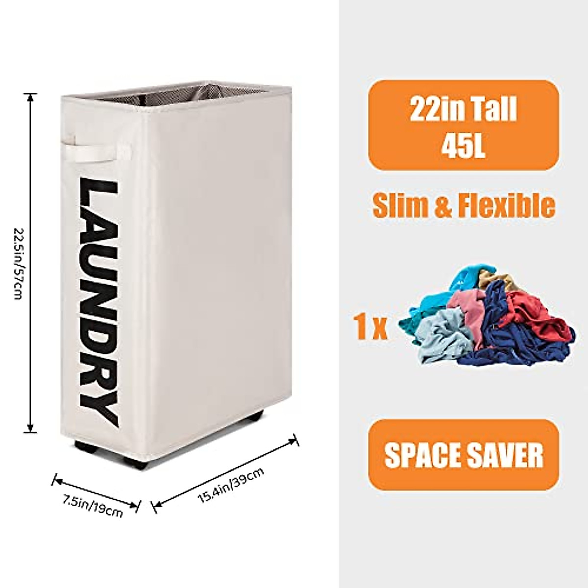 Caroeas 22" Rolling Slim Laundry Basket with Stand Foldable Waterproof Sorter and Organizer on Wheels Tall Thin Dirty Laundry Hamper Basket Home Corner Bin (Beige)