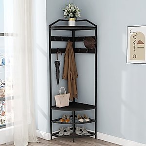 GiftGo Modern Black Entryway Corner Hall Tree with Shoe Bench Entryway Coat Rack with 10 Metal Movable Hooks Wooden Clothes Rack Shoes Shelf Organizer for Home Office Bedroom (Black)