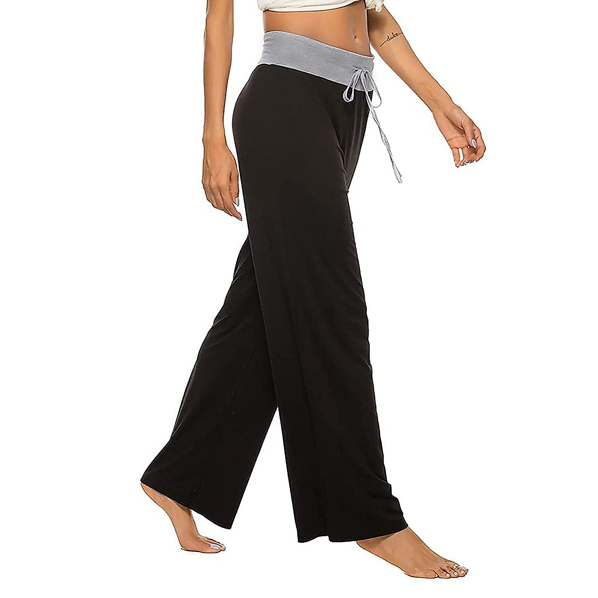 NEWCOSPLAY Women's Comfy Pajama Pants Casual Drawstring Palazzo Lounge Wide Leg Pants (Pure-Black, Large)