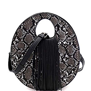 Snake Print Fringed Cut-out Handle 2-Way Medium Satchel Bag Purse Clutch Crossbody (Dark Silver Hardware - Black)