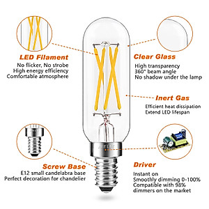 AIELIT T8 4-Watt E12 LED Light Bulb, Dimmable (0-100%), Soft White 3000K, Clear Tubular Candelabra Light Bulbs 40W Equivalent for Sputnik Chandeliers, Glass Mason Jars, Hanging Pendant Lamp,4-Pack