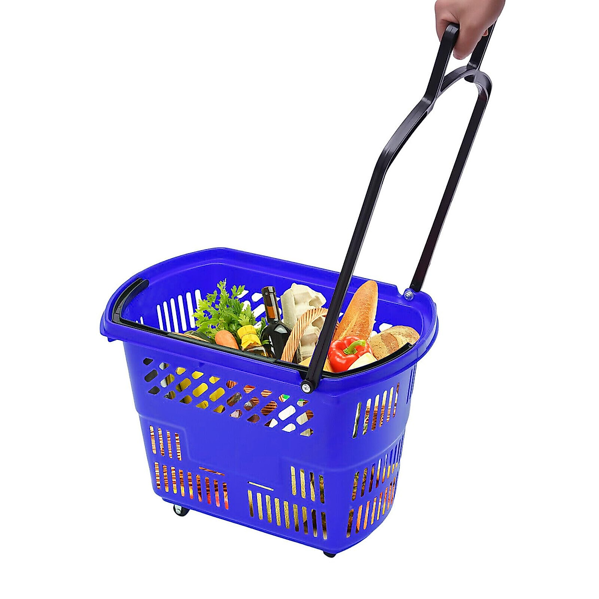 6PCS Shopping Carts, 35L w/Wheels and Handle, Shopping Basket Plastic Rolling Shopping Basket for Carrying and Storing Clothing Groceries (Blue)
