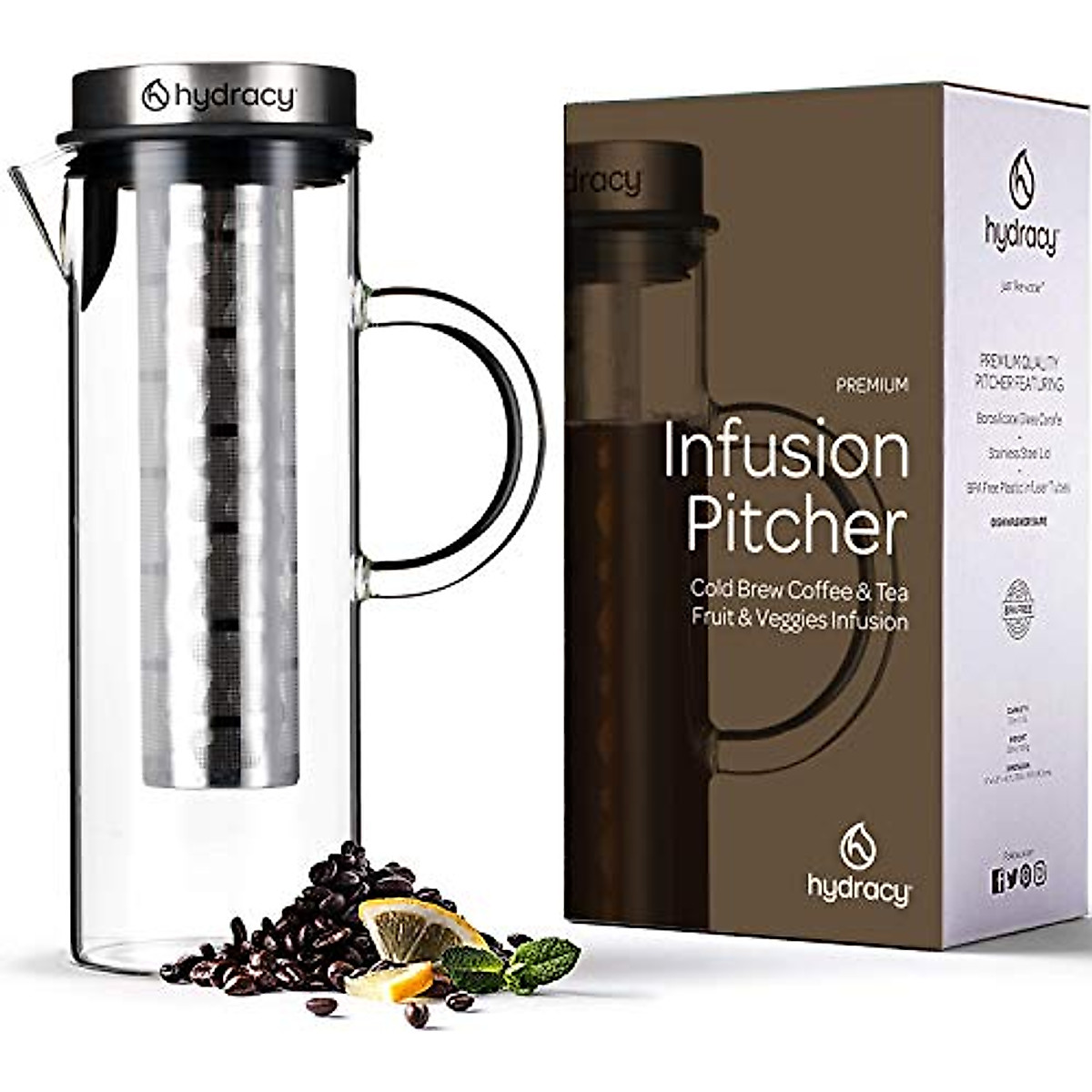 Cold Brew Coffee Maker - Large Glass Infusion Pitcher 1.6 Quarts 52oz - Iced Coffee & Iced Tea Pitcher with Stainless Steel Lid and Mesh Filter & Fruit Infusion Tube - Perfect for Home or Office