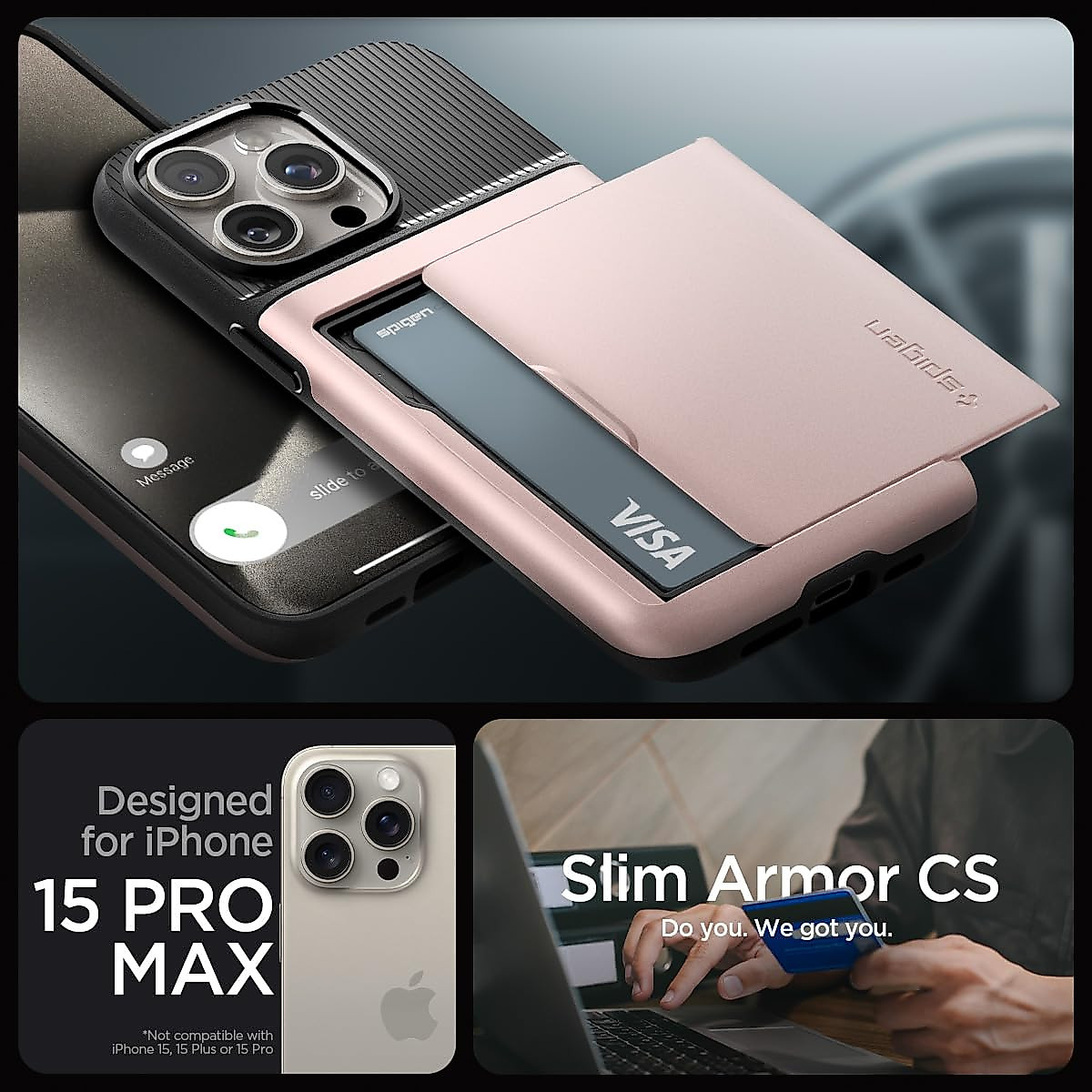 Spigen Slim Armor CS Designed for iPhone 15 Pro Max Case (2023) [Military-Grade Protection] - Rose Gold