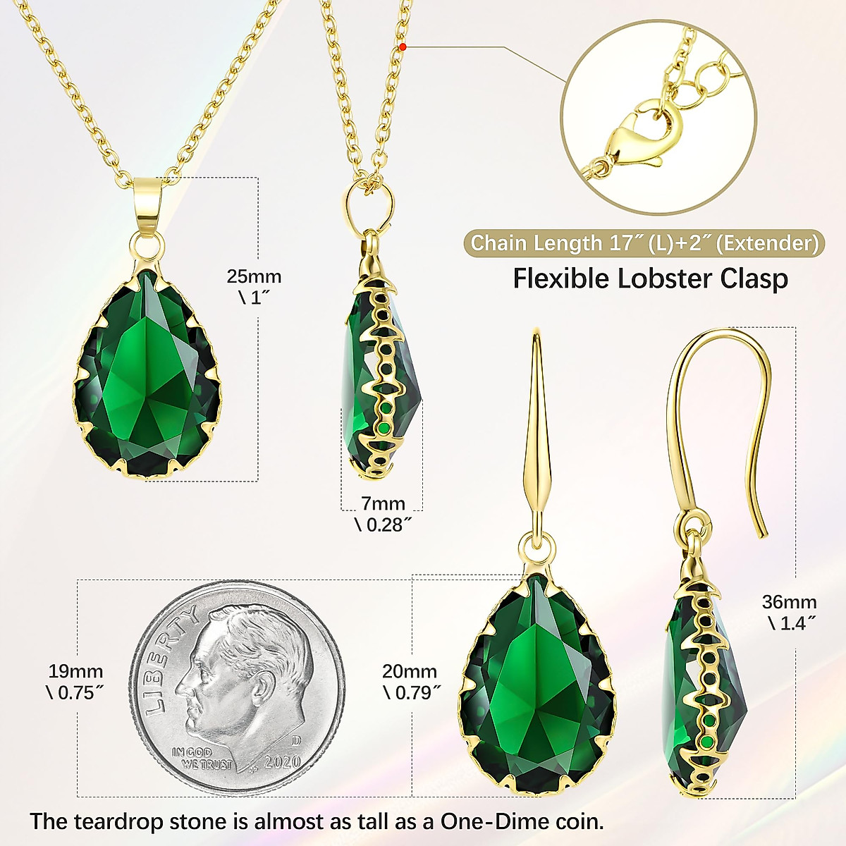 Linawe Emerald Crystal Jewelry Sets for Women, Gold Pendant Necklace Set, Green Diamond Drop Dangle Earrings Set, Boho Rhinestone Matching Jewelry for Wedding Bridal Bridesmaid