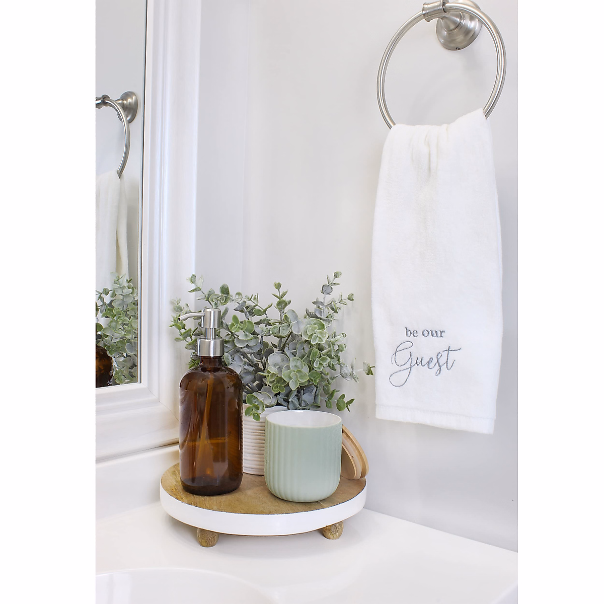 AuldHome Design Farmhouse Round Wooden Risers (Set of 2, White Trim), Rustic Decorative Risers for Display w/ Natural Mango Wood and Enamel Trim