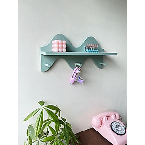 cozifycasa Floating Shelves for Wall Shelf with Hooks Key Holder Purse Rack Hanger Wood Small Cute Shelf for Bathroom Bedroom Game Room (sage Green)