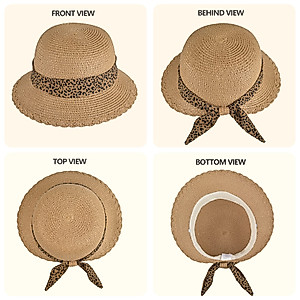 Girls Straw Sun Hat Kids Summer Beach UV Protection Hats Toddler Baby Childrens Little Girl Ages 3 4 5 6 7 8 9 10 Years Khaki Leopard Wide Brim Foldable Sunhat with Chin Strap Cute Bow Ponytail Cap