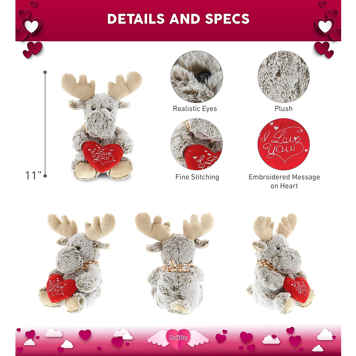 DolliBu I Love You Valentine Plush Sitting Moose - Cute Stuffed Animal with Red Heart and Name Personalization Gift for Valentine's Day, Birthday, Anniversary, Romantic Date - 11 Inches