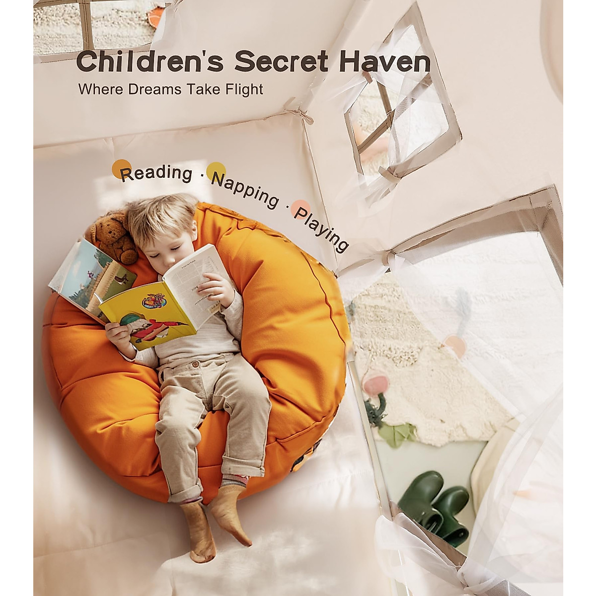 Large Kids Tent with mat, Star Lights, Tissue Garland, Play Tent Indoor & Outdoor, Kids Play Tent for Girl & Boy Aged 3+, Kids Tent for Toddler, 52" x35" x 52" Play House with Windows, Washable