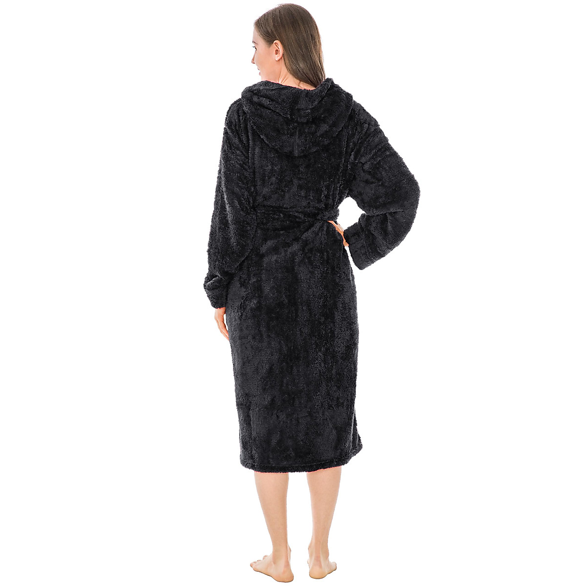 PAVILIA Women Hooded Plush Soft Robe | Fluffy Warm Fleece Sherpa Shaggy Bathrobe (L/XL, Black)