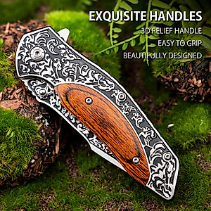 VALHALLA TREANT Pocket Knife, 3.6'' Sharp Blade Pocket Folding Knife, Cool EDC Knife with 3D Retro Embossed Pattern, Classic Pocket Knife For Men, Outdoor Camping Hiking